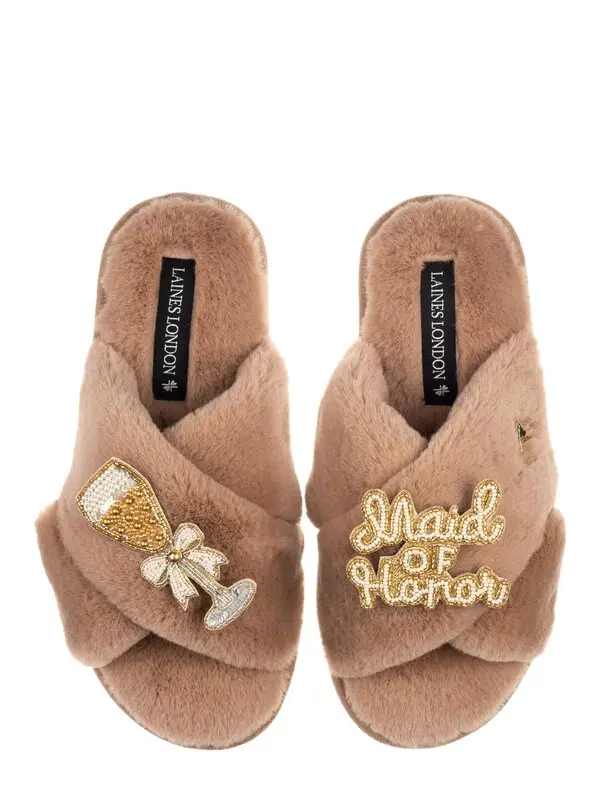 LAINES LONDON Embellished Faux Fur Cross Strap Slippers - Brown