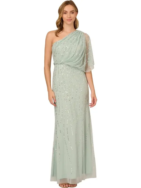 Adrianna Papell One-shoulder Draped Sequin Maxi Dress - Icy Sage