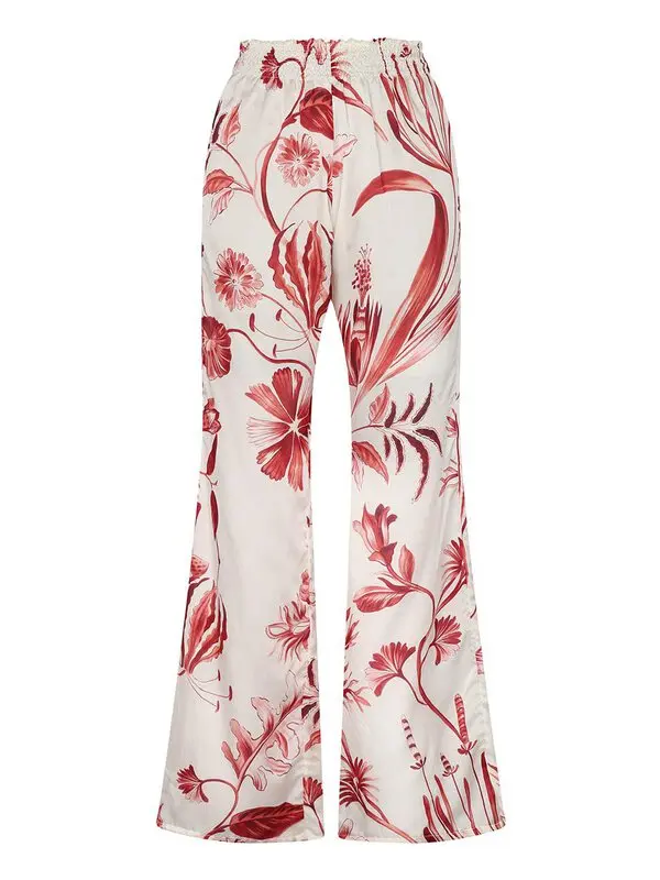AGUACLARA Floral Print Silk Blend Wide Leg Pants - Red