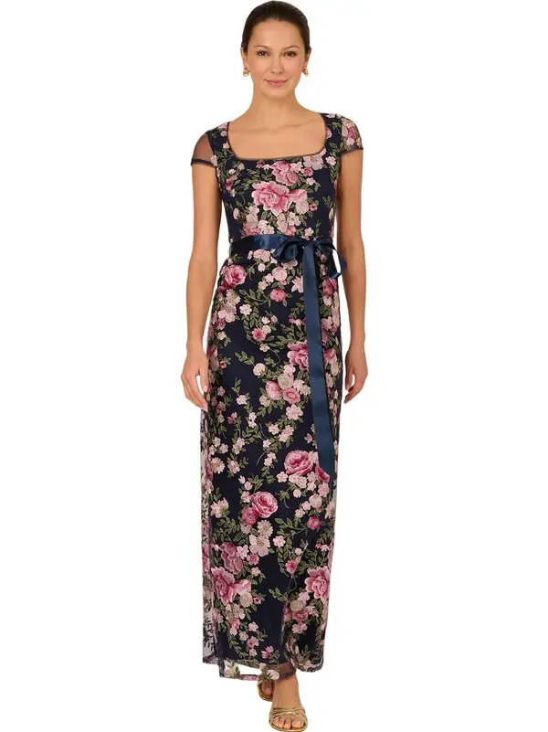 Adrianna Papell Embroidered Floral Cap Sleeve Column Gown - Navy/blush