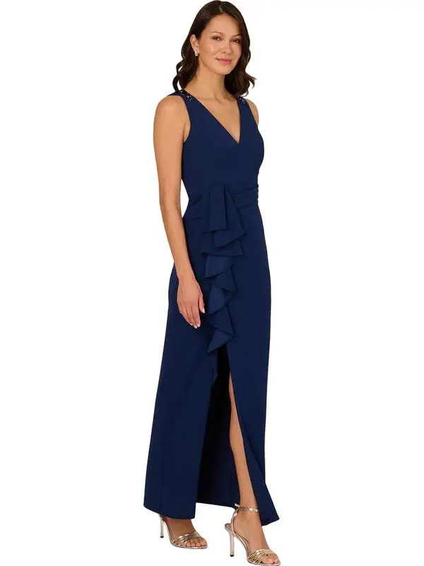 Adrianna Papell V-neck Beaded Ruffle Column Gown - Navy Sateen