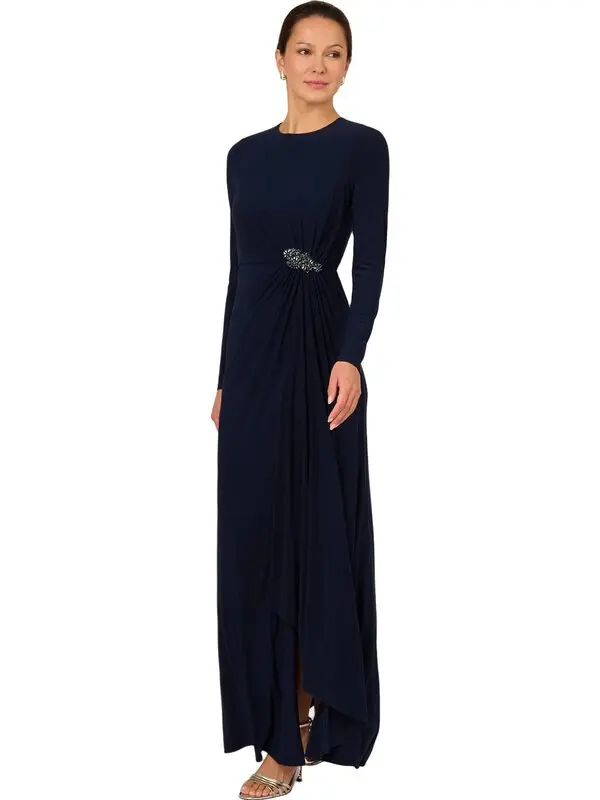 Adrianna Papell Long Sleeve Beaded Draped Gown - Midnight
