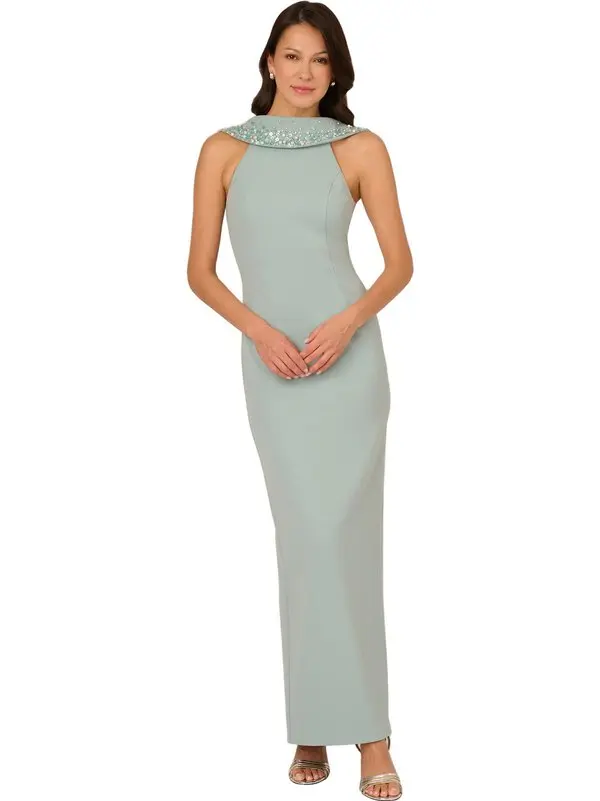 Adrianna Papell Beaded Roll Neck Column Gown - Aqua Dust