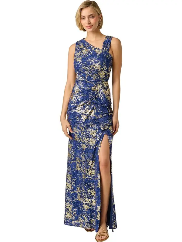 Adrianna Papell Asymmetrical Draped Metallic Lace Gown - Navy/gold