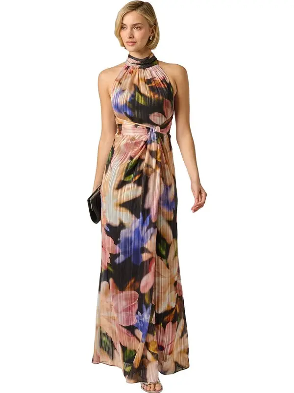 Adrianna Papell Floral Ribbon Chiffon Halter Mermaid Gown - Black Multi