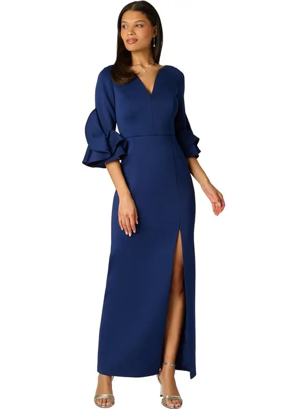 Adrianna Papell Sculpted Bell Sleeve Column Gown - Navy Sateen