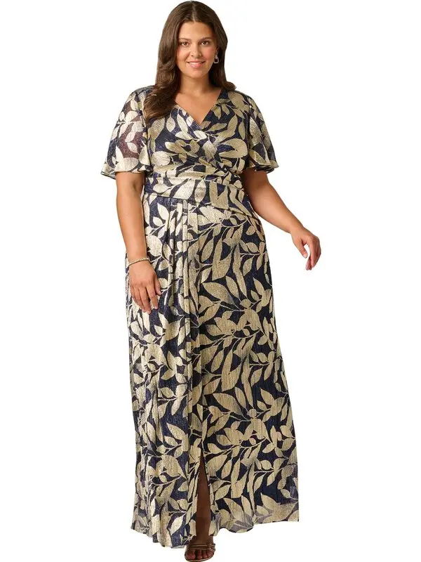 Adrianna Papell Foil Leaf Print Draped Gown - Navy/gold