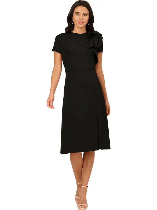 Adrianna Papell Asymmetrical Draped Crepe Midi Dress With Slit - Black