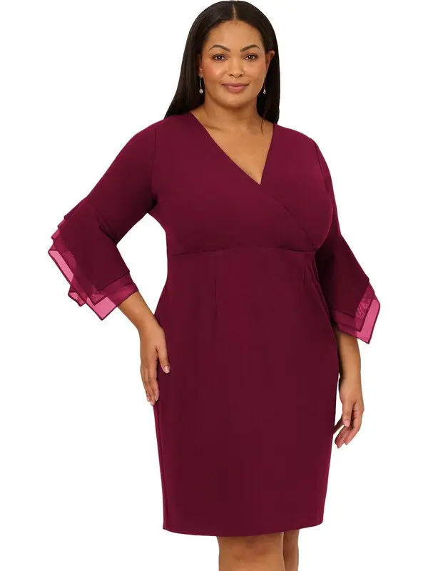 Adrianna Papell Three Quarter Bell Sleeve Sheath Midi Dress - Cabernet