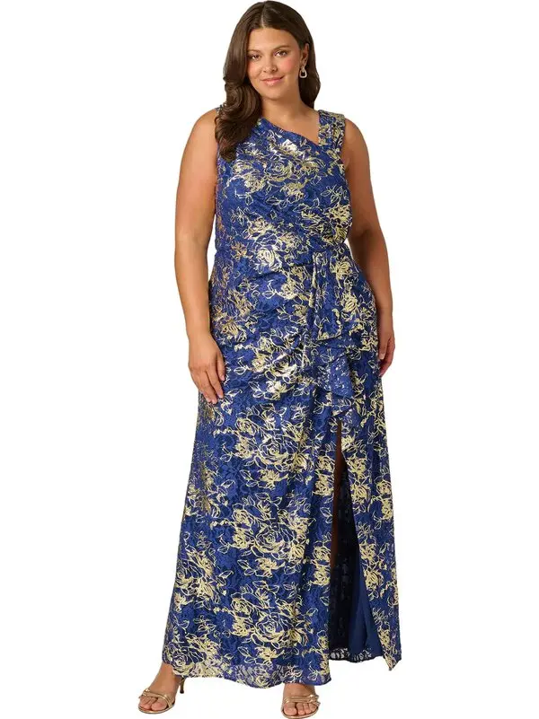 Adrianna Papell Asymmetrical Draped Stretch Metallic Lace Gown - Navy/gold