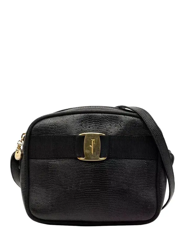 FERRAGAMO Lizard Embossed Leather Crossbody Bag - Black