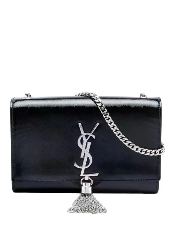 Saint Laurent Medium Chevron Patent Monogram Kate Tassel Crossbody Bag - Black