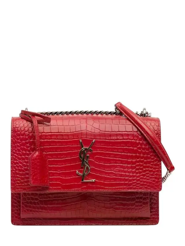 Saint Laurent Medium Croc Embossed Leather Monogram Sunset Crossbody Bag - Red