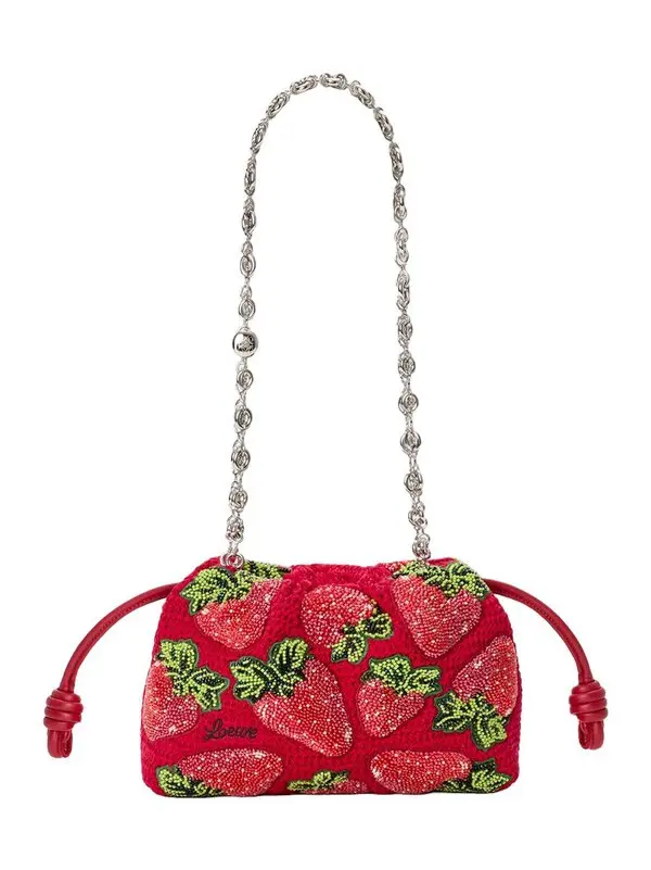 Loewe Strawberry Beaded Crochet Mini Flamenco Clutch - Red