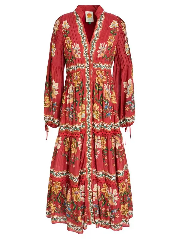 Farm Rio Pintucked Floral-print Cotton-blend Midi Dress - Red