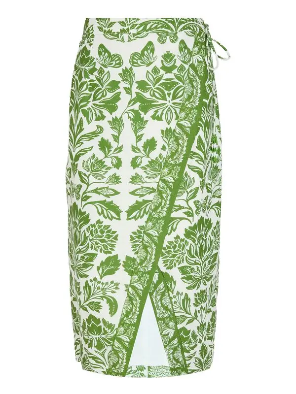 Farm Rio Floral Print Linen-blend Midi Wrap Skirt - Leaf Green