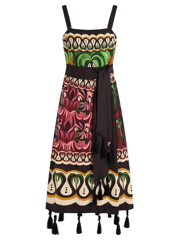Farm Rio Printed Linen-blend Wrap-effect Midi Dress - Black