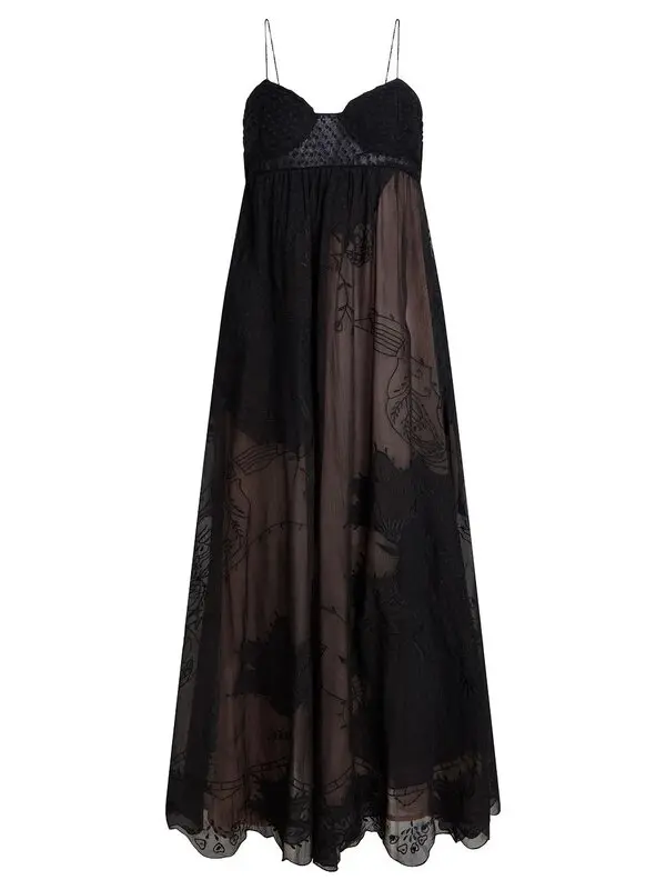 Farm Rio Embroidered Point D'esprit And Organza Midi Dress - Black