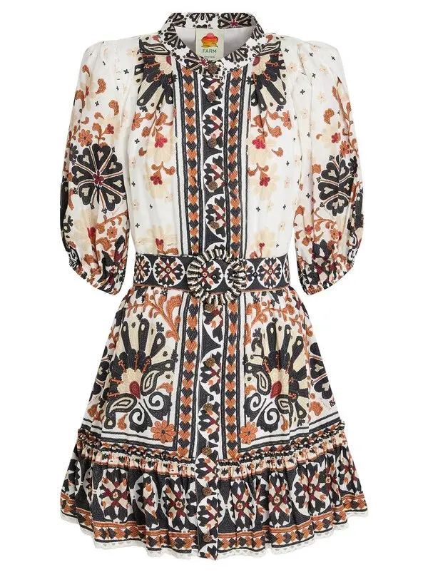 Farm Rio Belted Floral Print Puff Sleeve Mini Dress - White
