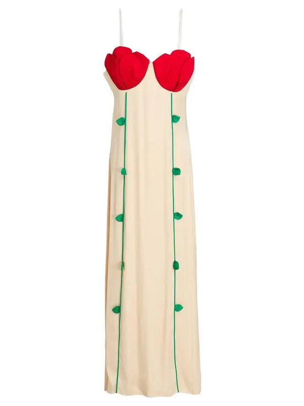 Farm Rio Floral Appliqué Satin Maxi Dress - Cream
