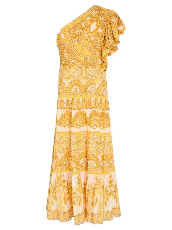 Farm Rio One-shoulder Ruffled Printed Tencel™ And Cotton-blend Midi Dress - Marigold