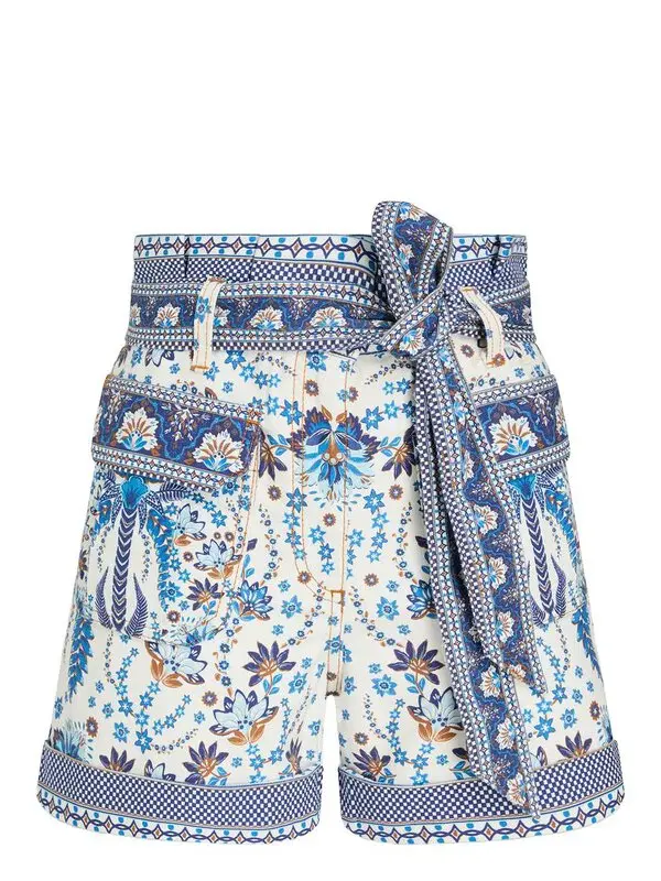 Farm Rio Belted Printed Cotton-twill Shorts - Blue