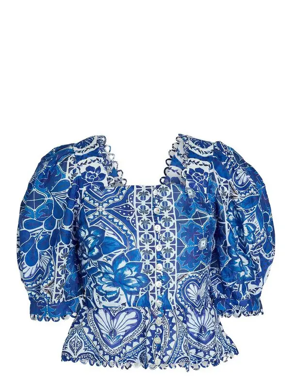 Farm Rio Printed Cotton-voile Puff Sleeve Top - Blue