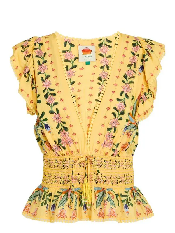 Farm Rio Ruffled Floral-print Cotton-blend Blouse - Marigold