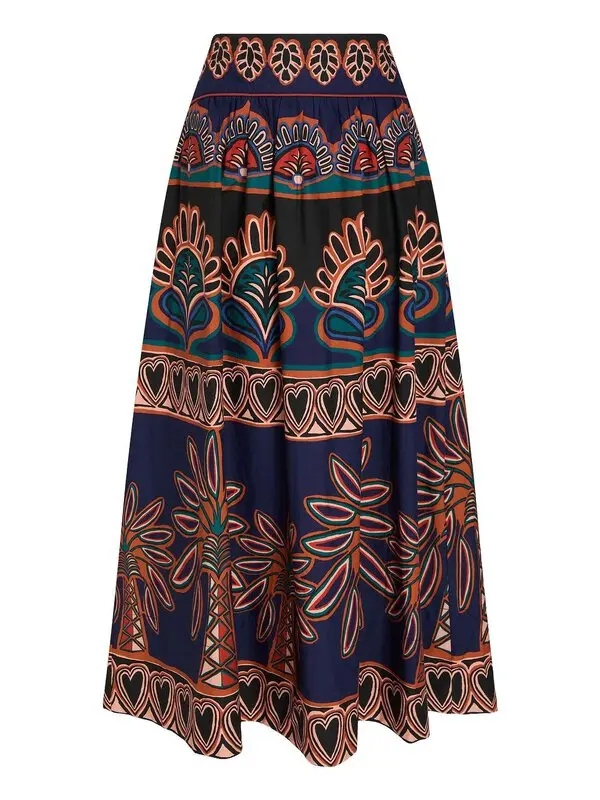 Farm Rio Gathered Printed Cotton-poplin Midi Skirt - Navy