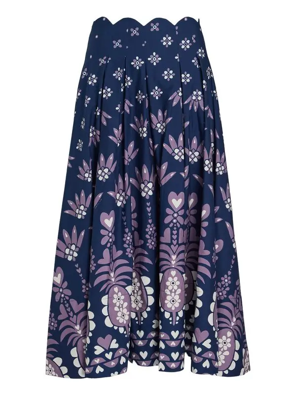 Farm Rio Pleated Printed Cotton Poplin Midi Skirt - Navy