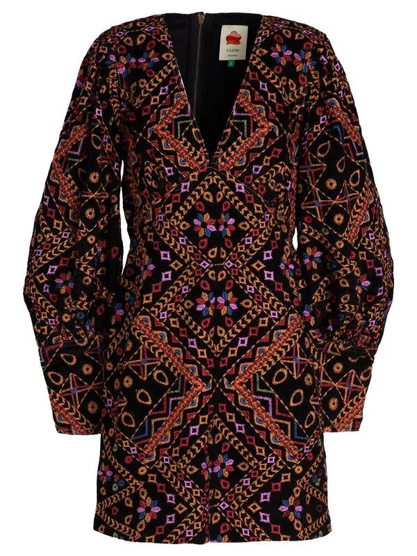 Farm Rio Embroidered Puff Sleeve Corduroy Mini Dress - Black
