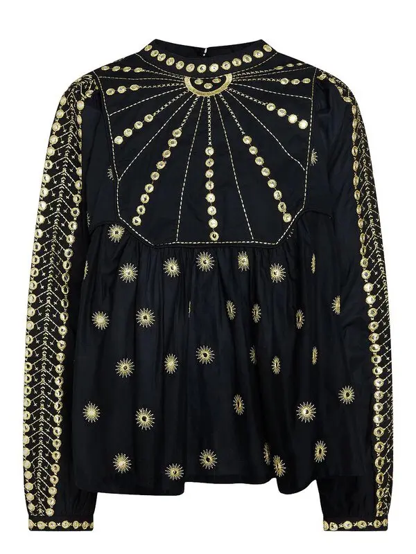 Farm Rio Embellished Cotton Blouse - Black
