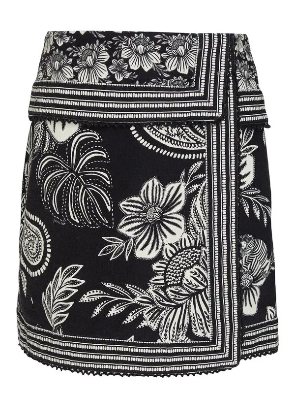 Farm Rio Embroidered Cotton Twill Wrap Mini Skirt - Black
