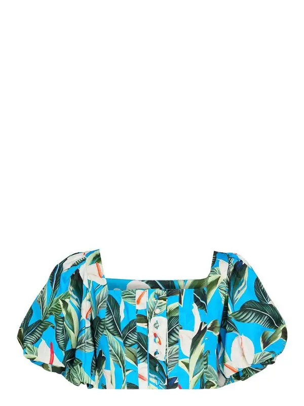 Farm Rio Cropped Floral Print Puff Sleeve Top - Azure