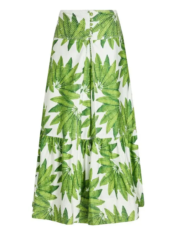 Farm Rio Pleated Printed Cotton Twill Midi Skirt - Leaf Green
