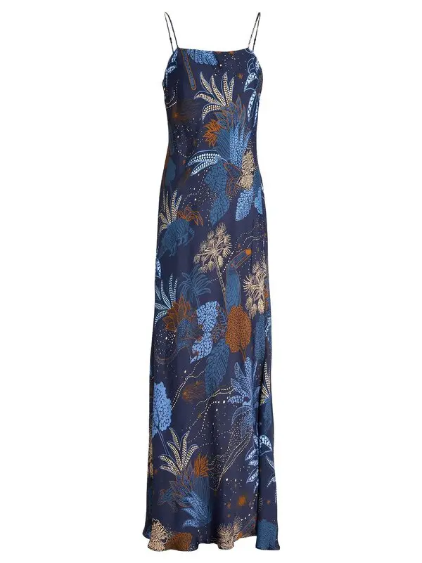 Farm Rio Printed Twill Maxi Slip Dress - Navy