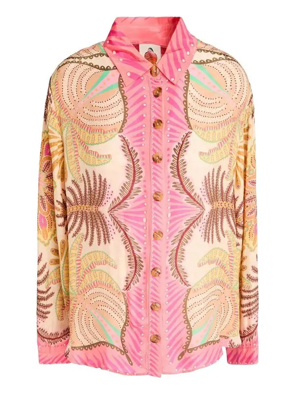 Farm Rio Printed Crepe De Chine Shirt - Pastel Orange