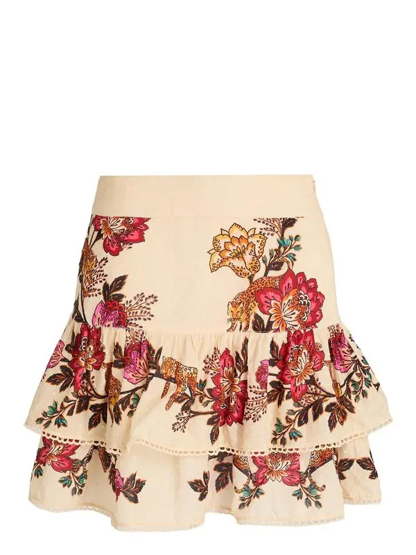 Farm Rio Tiered Printed Swissdot Cotton Mini Skirt - Sand