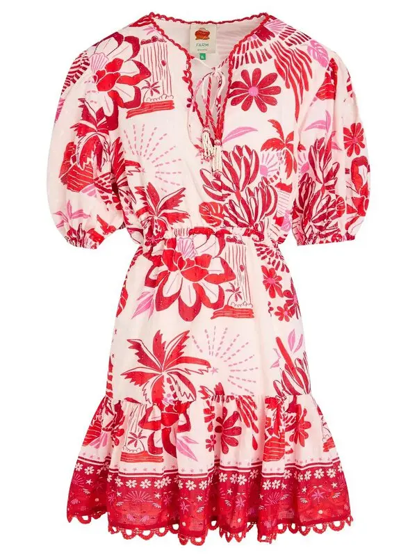 Farm Rio Crochet Trimmed Printed Swissdot Cotton Mini Dress - Red
