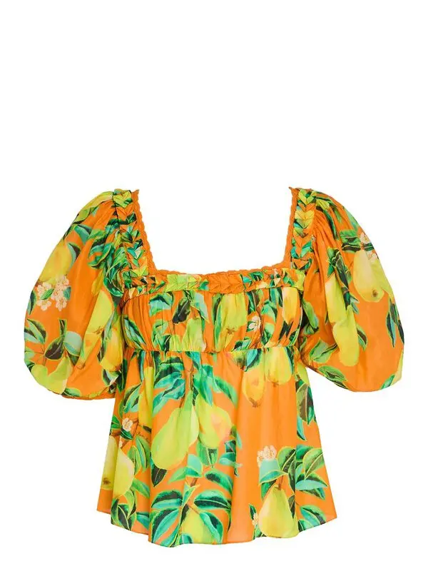 Farm Rio Pleated Printed Cotton Top - Orange