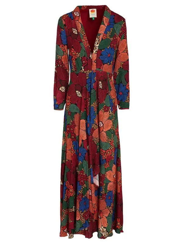 Farm Rio Floral Print Pleated Midi Dress - Burgundy