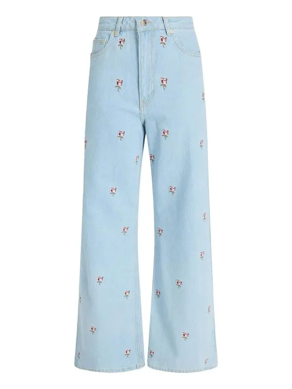 Farm Rio Embroidered High-rise Wide-leg Jeans - Light Denim