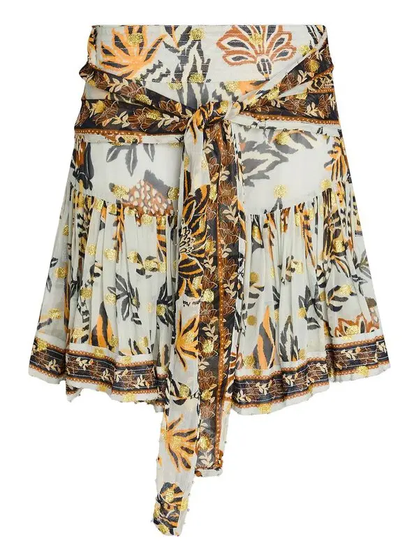 Farm Rio Embellished Tie-front Printed Metallic Fil Coupé Mini Skirt - Light Gray