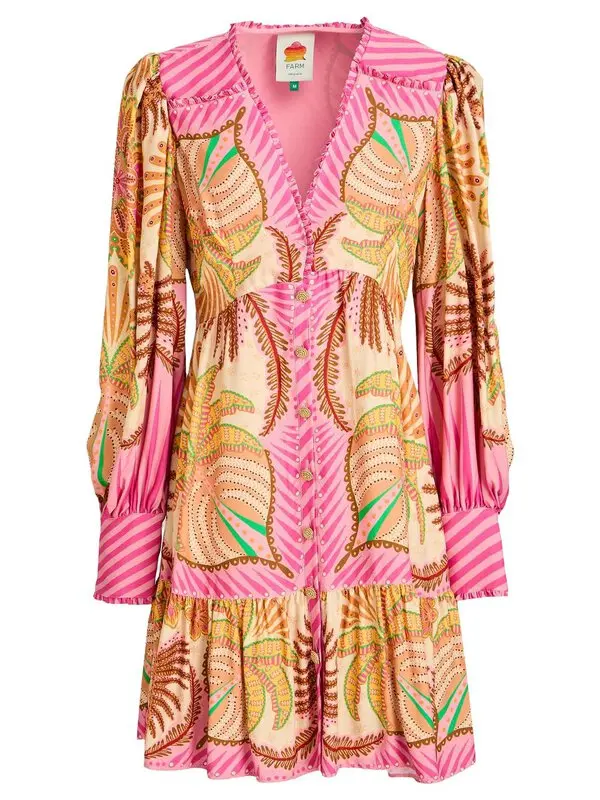 Farm Rio Ruffled Printed Satintwill Mini Dress - Pink