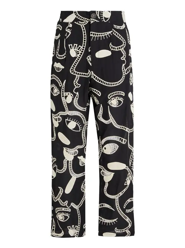 Farm Rio Embroidered Cotton Poplin Straight Leg Pants - Black
