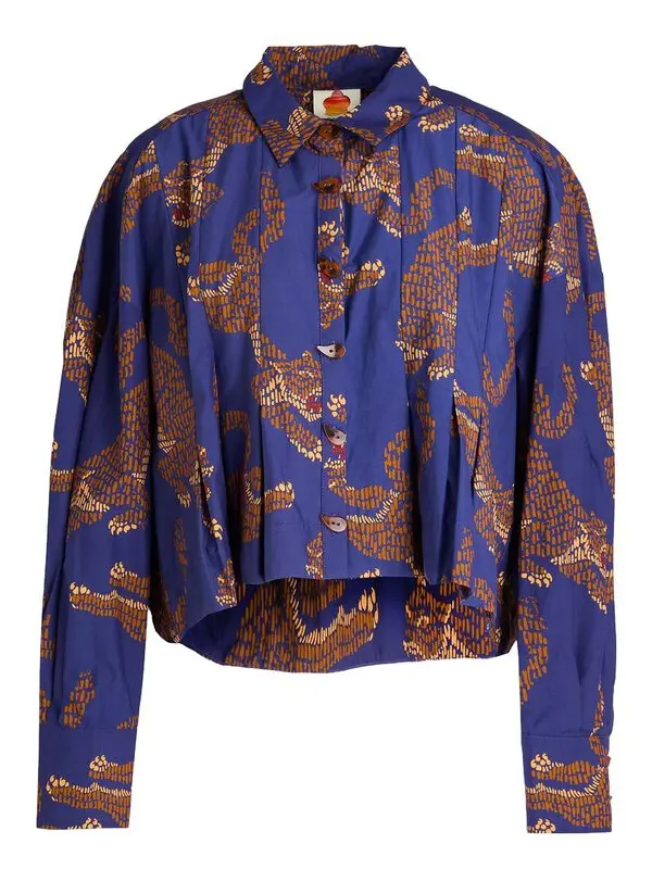 Farm Rio Cropped Printed Cotton Shirt - Indigo
