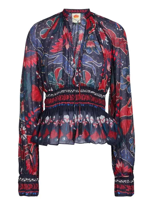 Farm Rio Printed Cotton Gauze Blouse - Navy