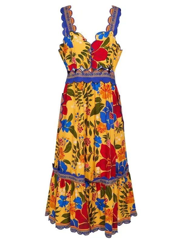 Farm Rio Cutout Floral-print Linen-blend Midi Dress - Saffron