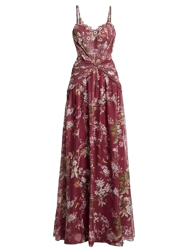 PatBO Delicata Twisted Embellished Floral-print Mesh Gown - Burgundy