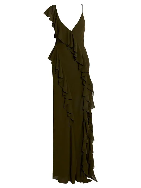 Ronny Kobo Olivia Ruffled Chiffon Maxi Dress - Army Green